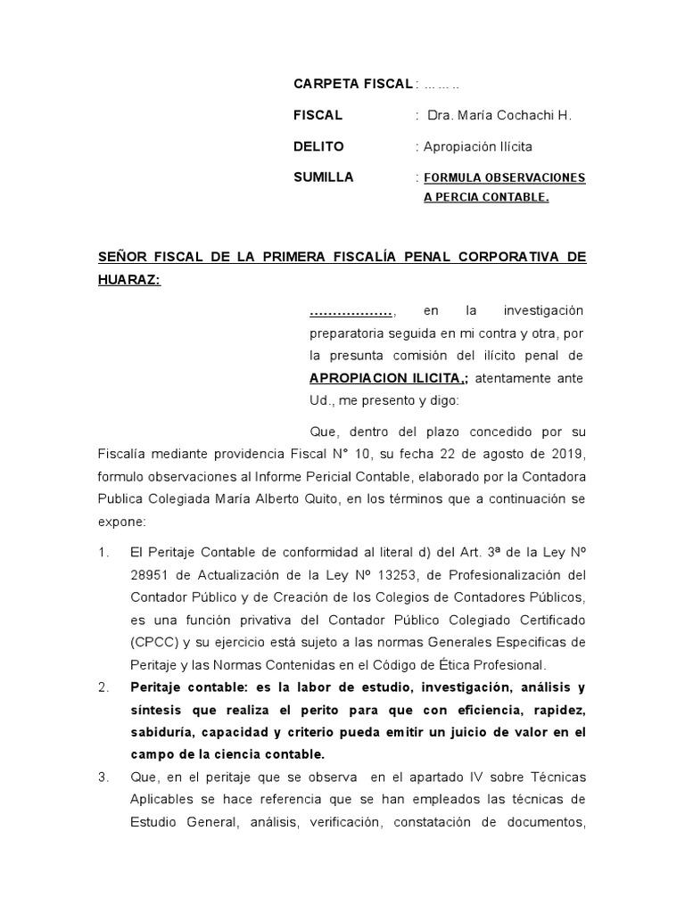 Escrito Formular Observaciones Al Informe Pericial Contable | PDF ...
