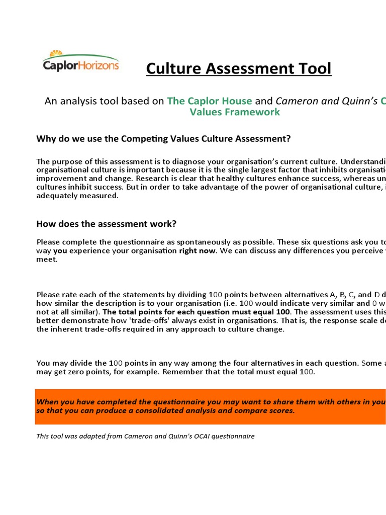 Culture Assessment Tool: An Analysis Tool Based On and Cameron and ...