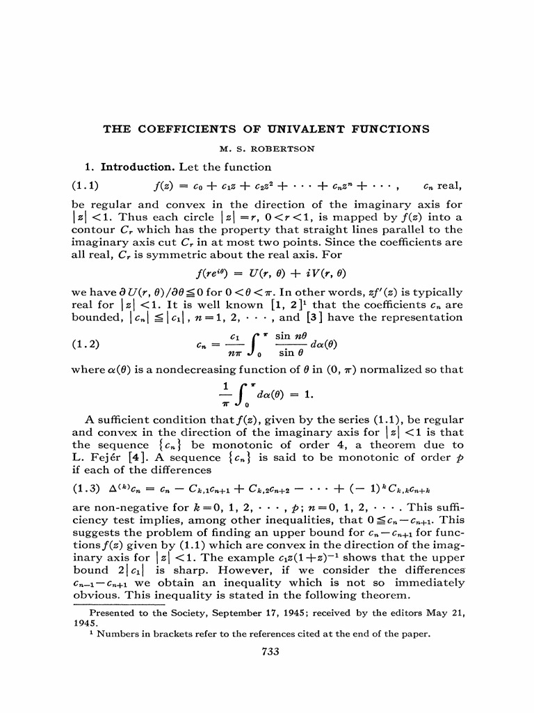 The Coefficients Of Univalent Functions M S Robertson Pdf
