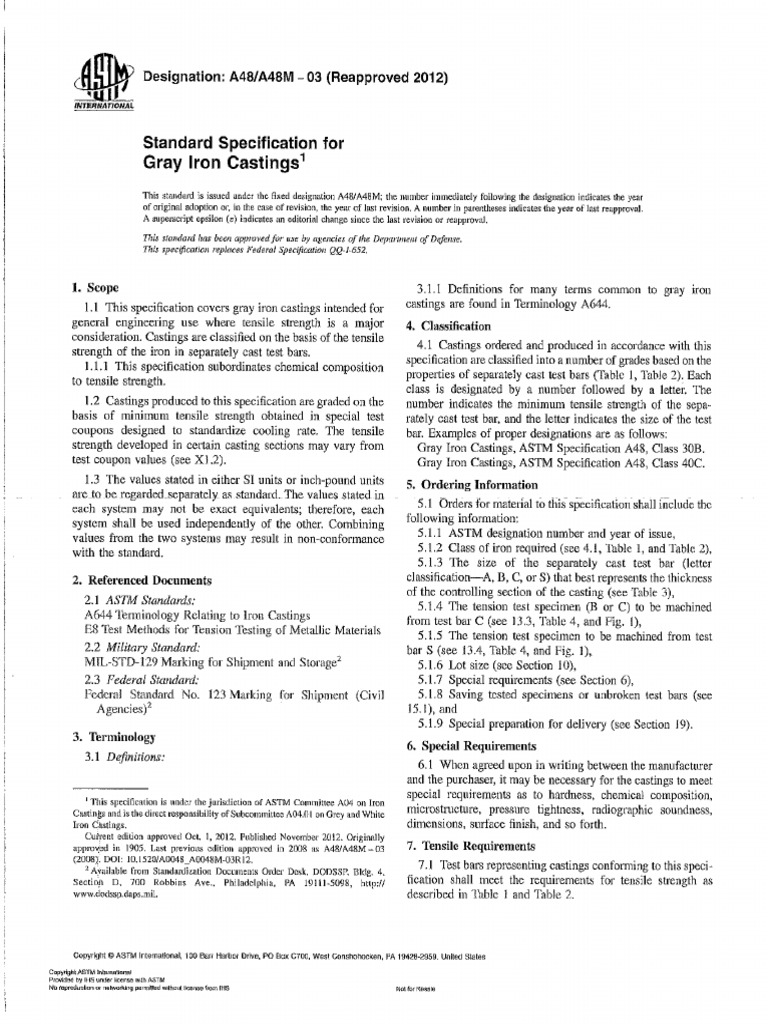 ASTM A48 Standard Specification For Gray Iron Castings | PDF