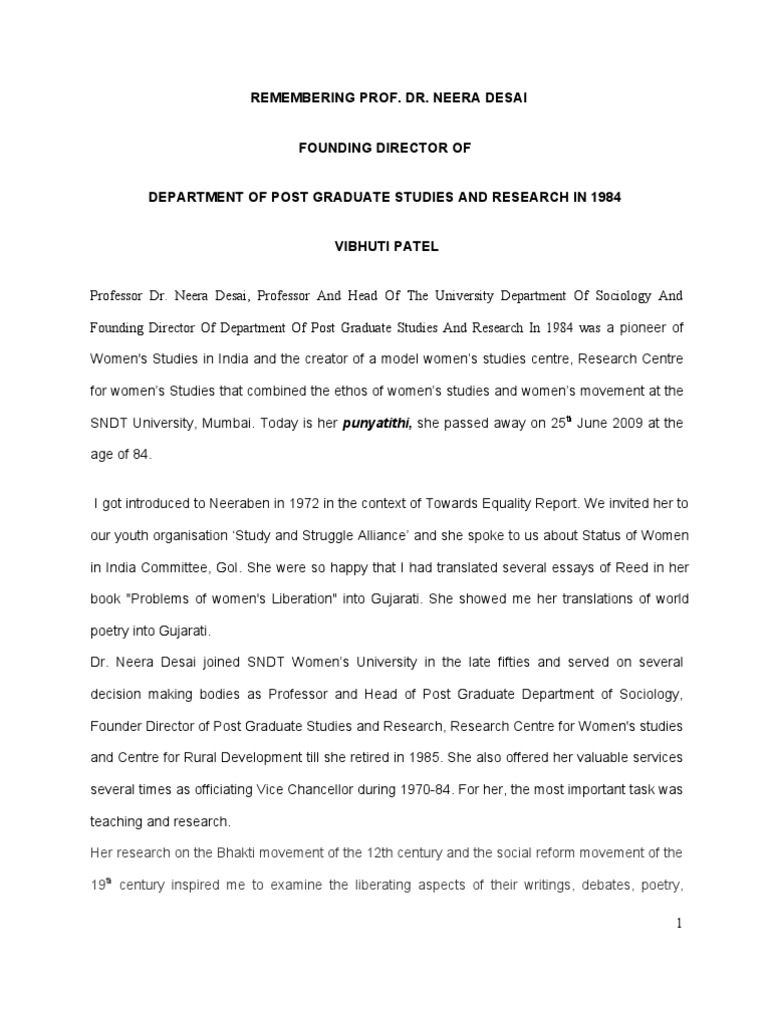 Remembering Prof. Dr. Neera Desai | PDF | Women's Studies | Feminism