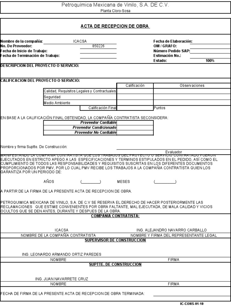 Form. Acta Entrega Obra | PDF
