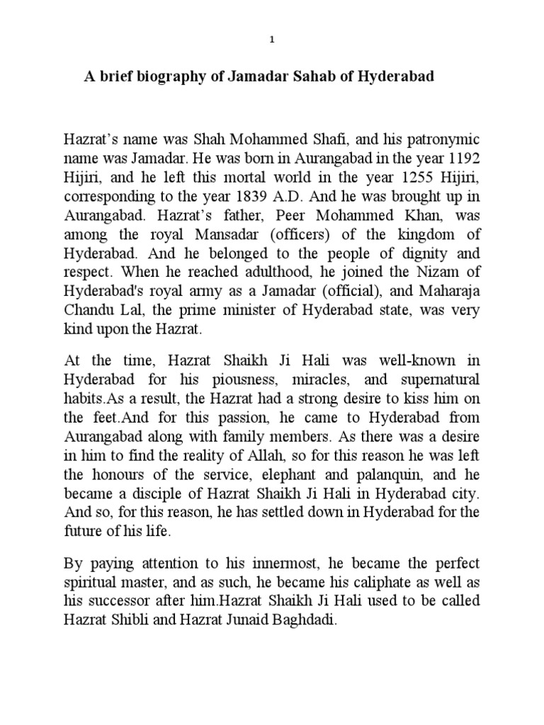A Brief Biography of Jamadar Sahab Hyderabad | PDF