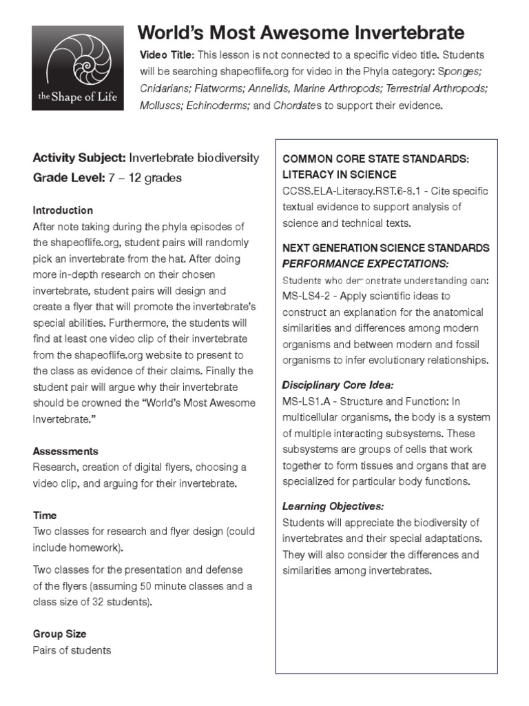 Invertebrate Biodiversity Lesson Plan | PDF | Invertebrate | Organisms