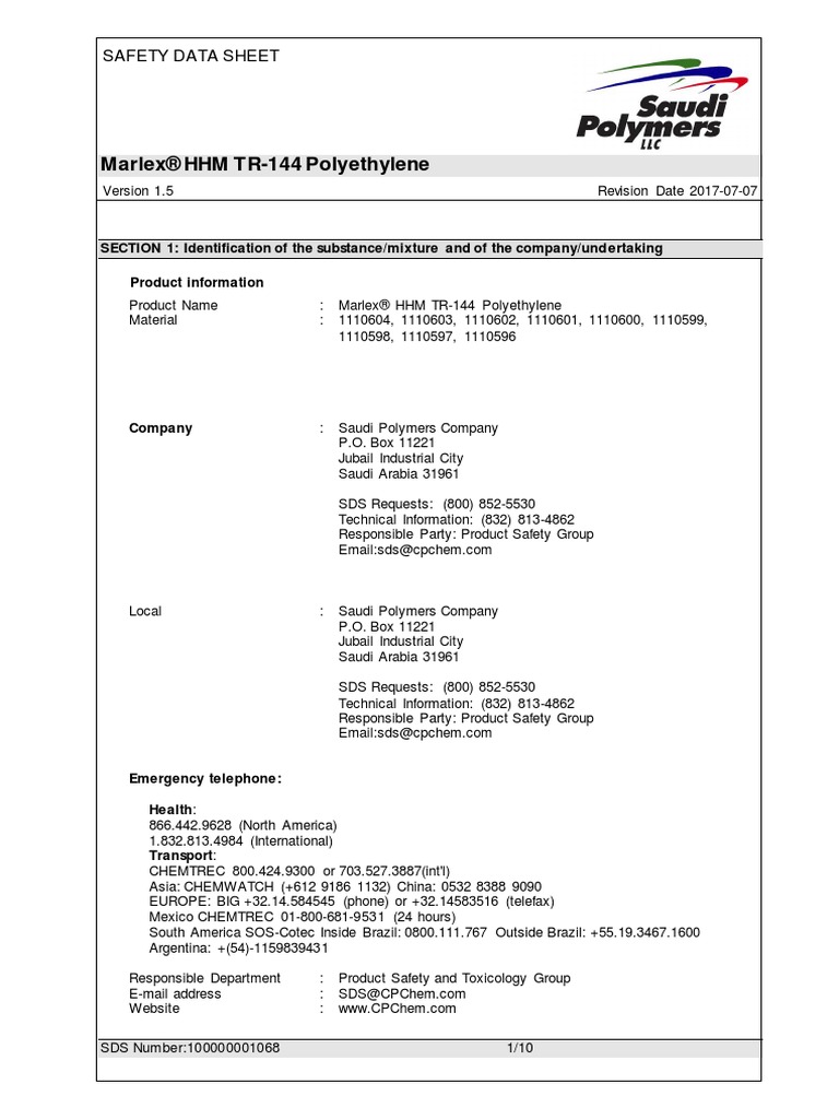 Polyethylene HHM TR-144 MSDS All English | PDF | Dangerous Goods | Combustion