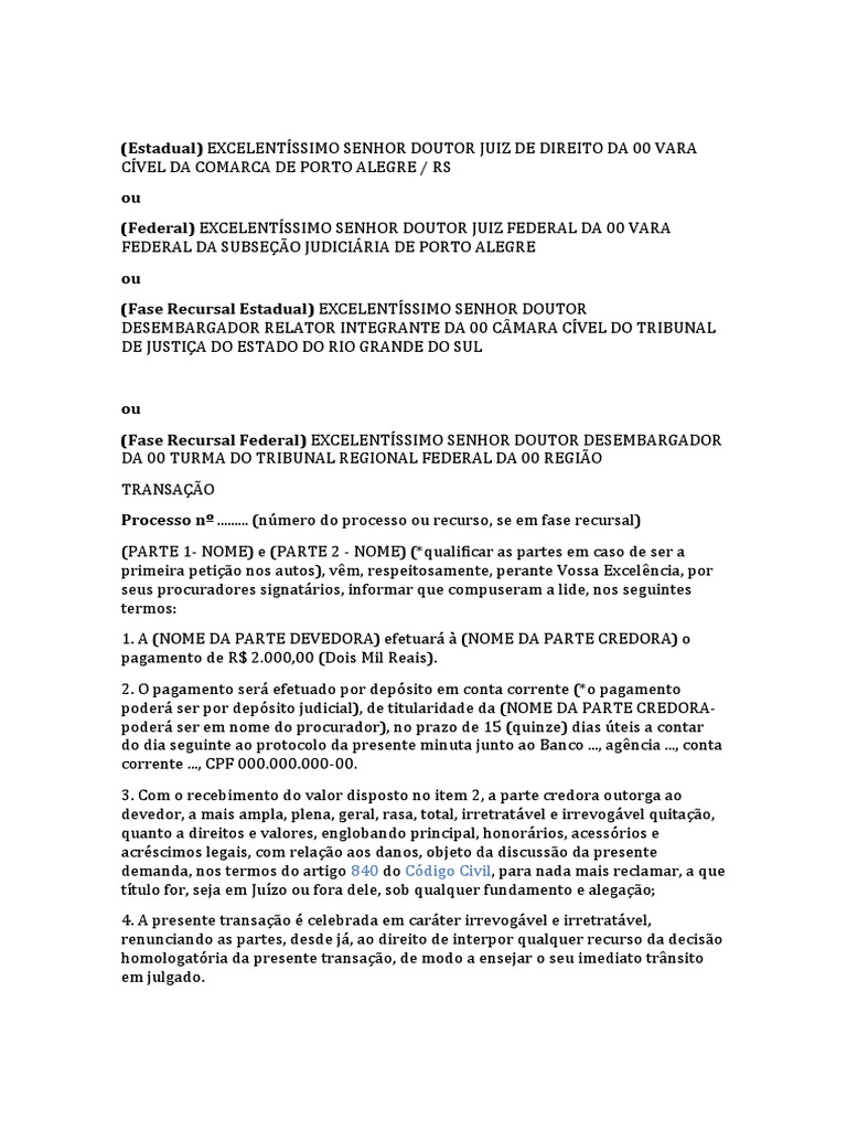 Modelo Minuta de Acordo para Protocolar em Processo Judicial | PDF ...