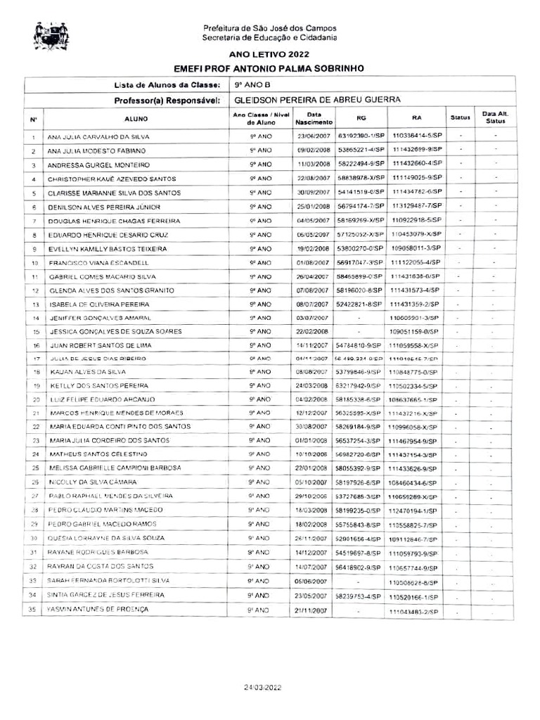 Lista 9° Ano B | PDF