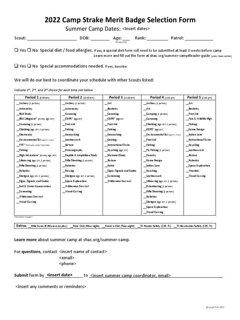 Camp Strake Summer Camp Merit Badge Selection Form | PDF | Boy Scouts ...