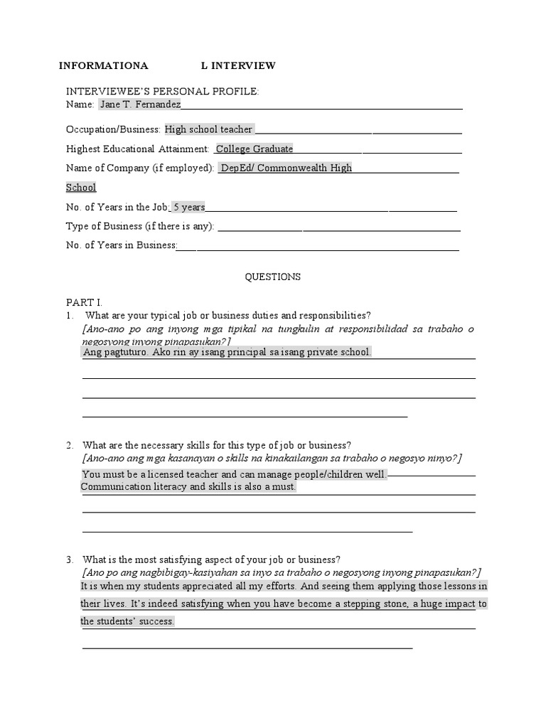 Informationa L Interview: Questions | PDF | Teachers | Behavior Modification