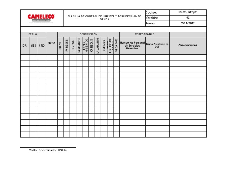 FO-ST-HSEQ-01 V1 Planilla de Control de Limpieza y Desinfeccion de Baños | PDF