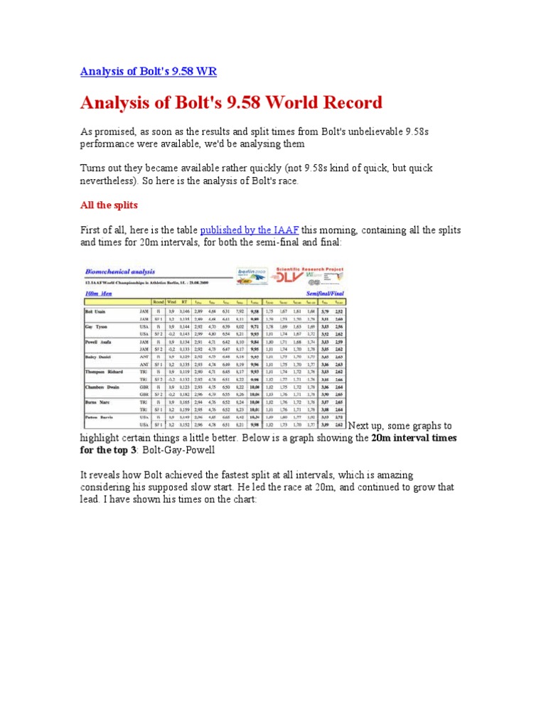 Usain Bolt's 9.58s Record Analysis | PDF | Running | Knee