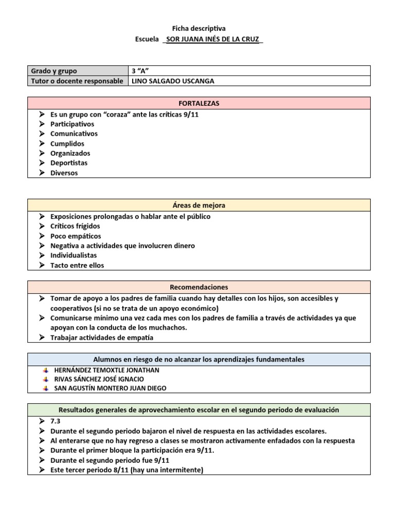 Ficha Descriptiva Grupal de Secundaria | PDF