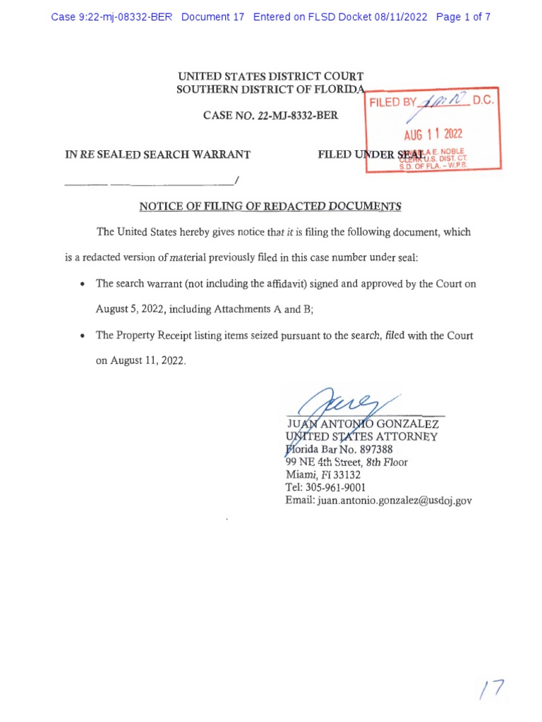 Redacted Search Warrant Filing Notice | PDF | Search Warrant | Mar A Lago