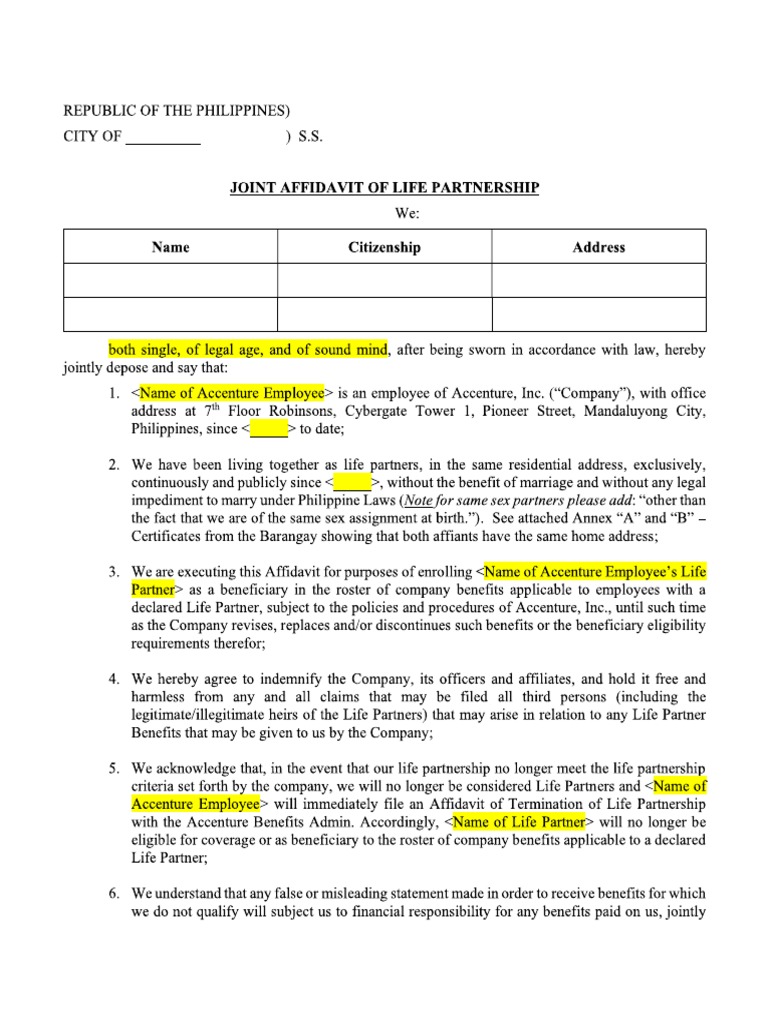 Joint Affidavit of Life Partnership | PDF