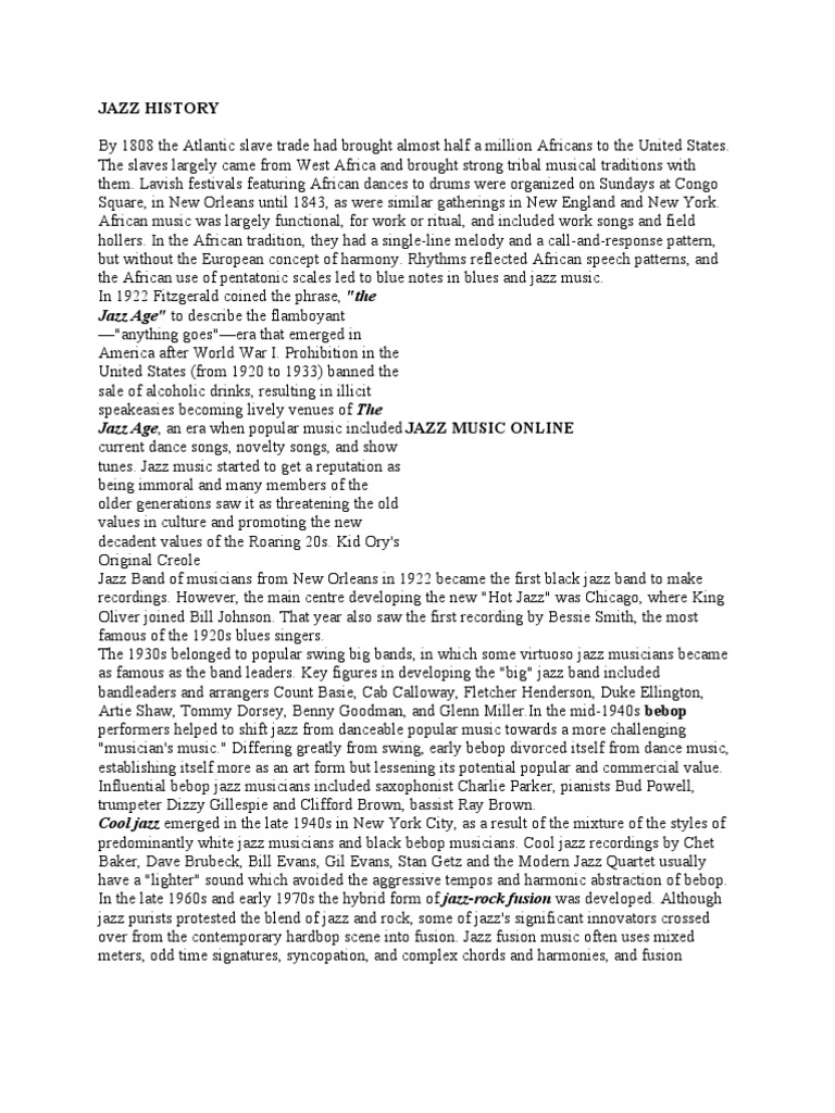 Evolution of Jazz Music History | PDF | Jazz | Popular Music