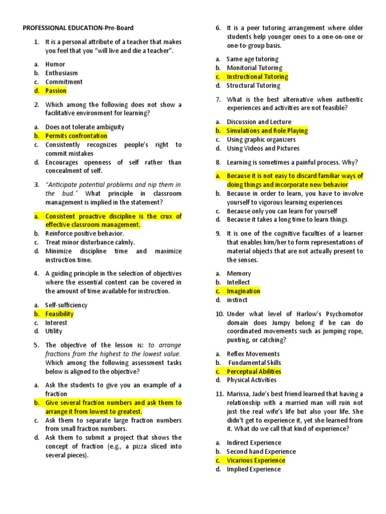 Pre Board Questions 120 Items | PDF | Educational Assessment | Curriculum