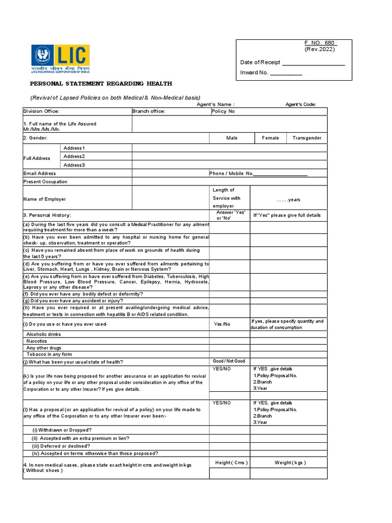F. NO. 680 (Rev.2022) Date of Receipt Inward No. | PDF | Life Insurance ...