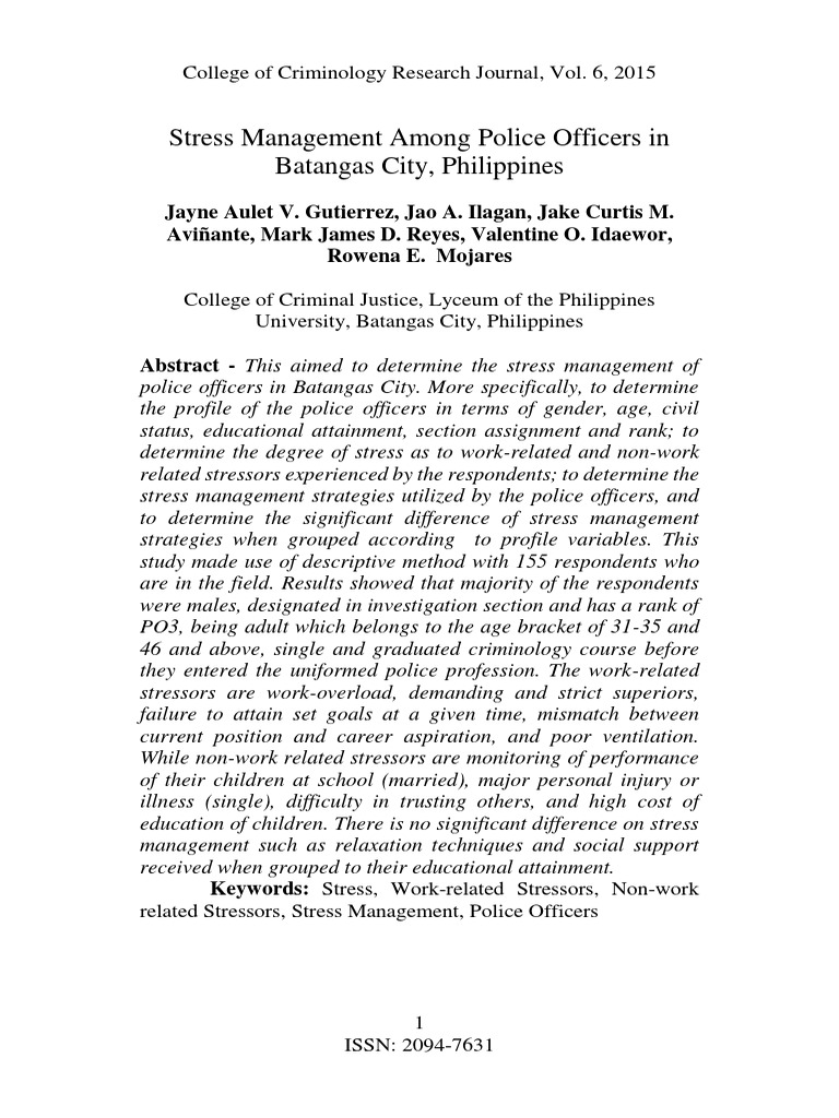 Stress Management Among Police Officers in Batangas City, Philippines ...