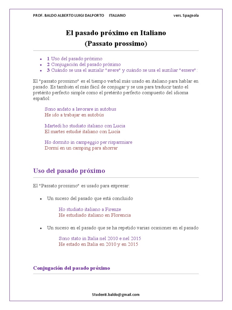 El pasado próximo en italiano: conjugación y uso del tiempo verbal passato prossimo | PDF ...