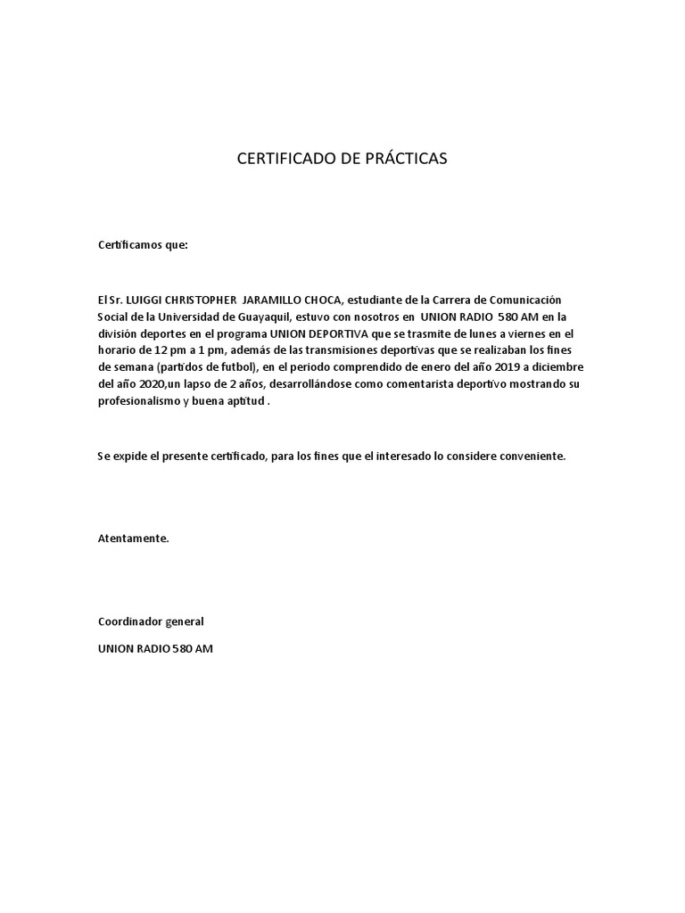 Certificado de Prácticas | PDF
