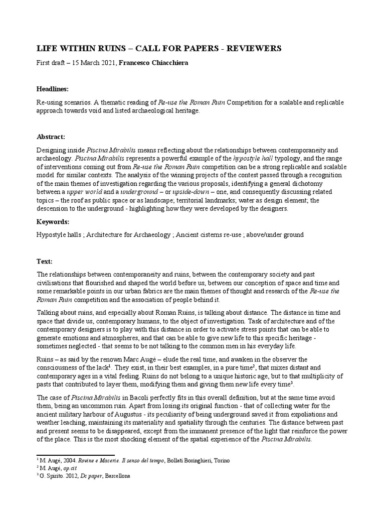 LIFE WITHIN RUINS - Call For Paper - Reviewer - Chiacchiera - Reviewed ...