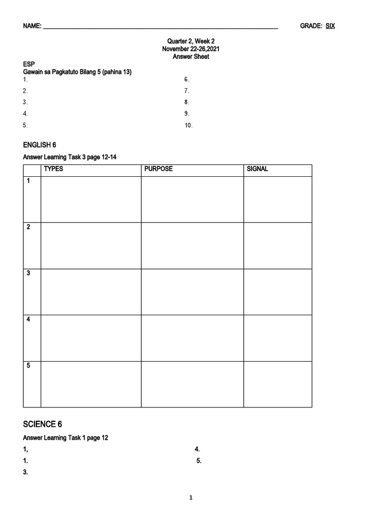 Grade 6 Answer Key: Quarter 2 | PDF