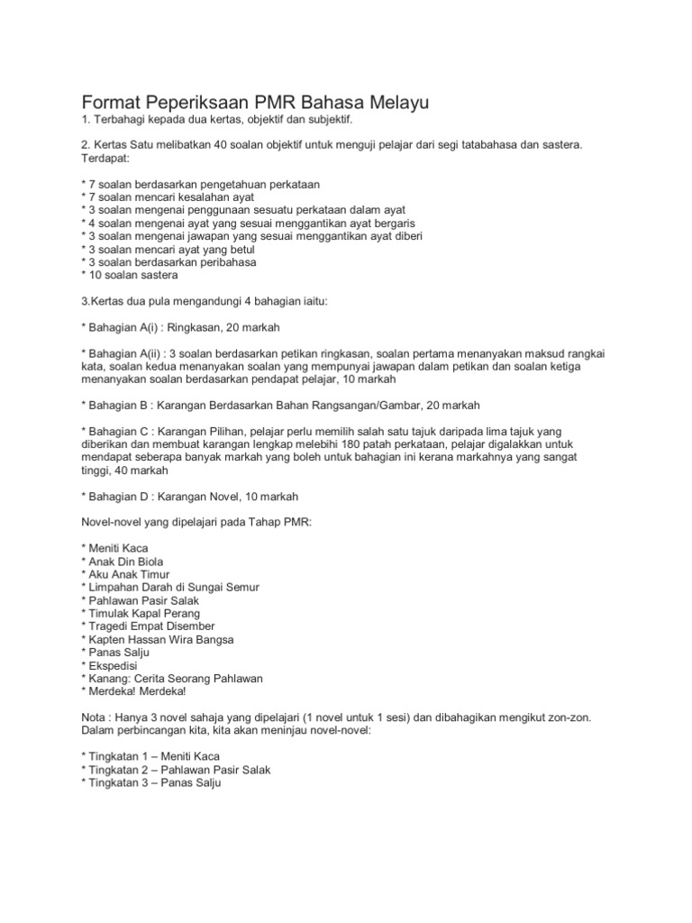 Format Peperiksaan PMR Bahasa Melayu | PDF