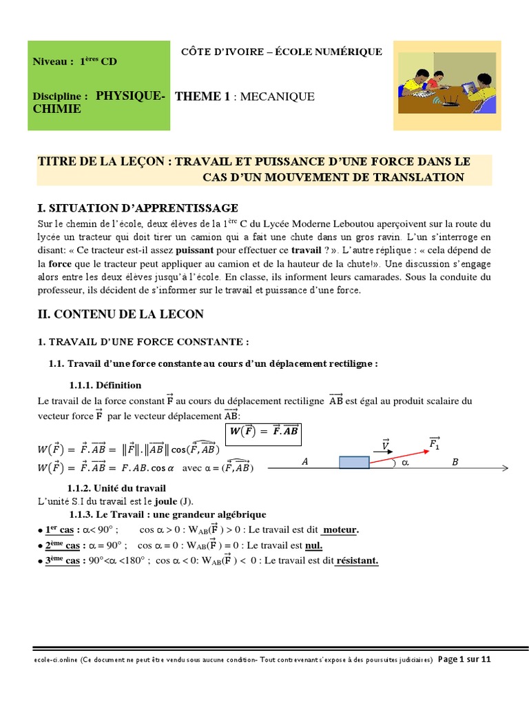 Travail et puissance en mouvement de translation | PDF | Puissance (physique) | Quantité