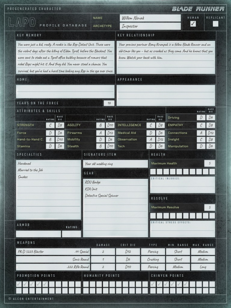 Blade Runner RPG - Starter Set - Pregenerated Characters (OEF) (2022-08 ...