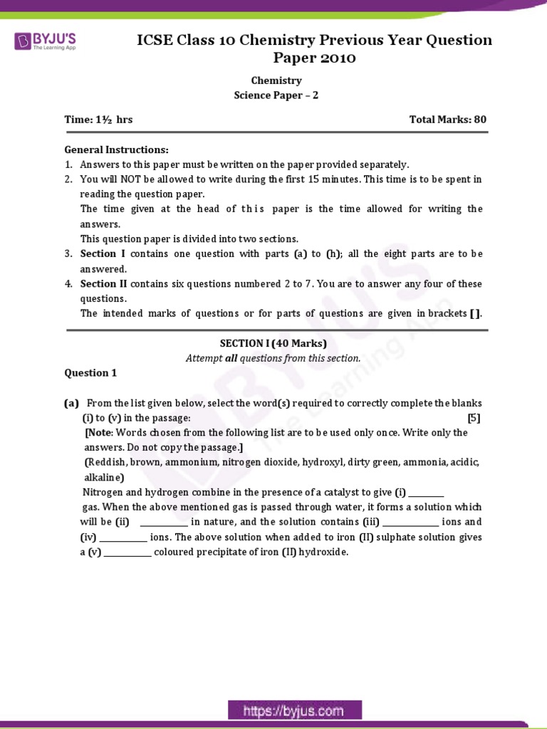 ICSE Class 10 Chemistry Previous Year Question Paper 2010 | PDF | Oxide ...