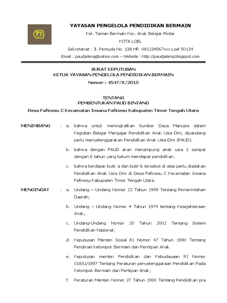 Surat Keputusan SK Pendirian Paud | PDF