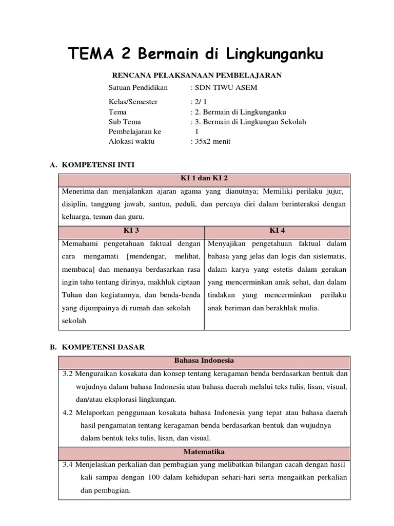RPP Kelas 2 Tema 2 Sub 3 PB 1 | PDF