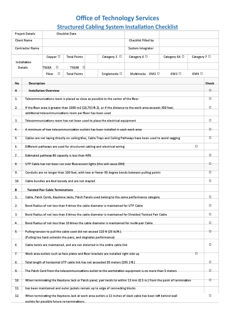 OTS Structured Cabling Installation Checklist (1) 2 | Download Free PDF ...