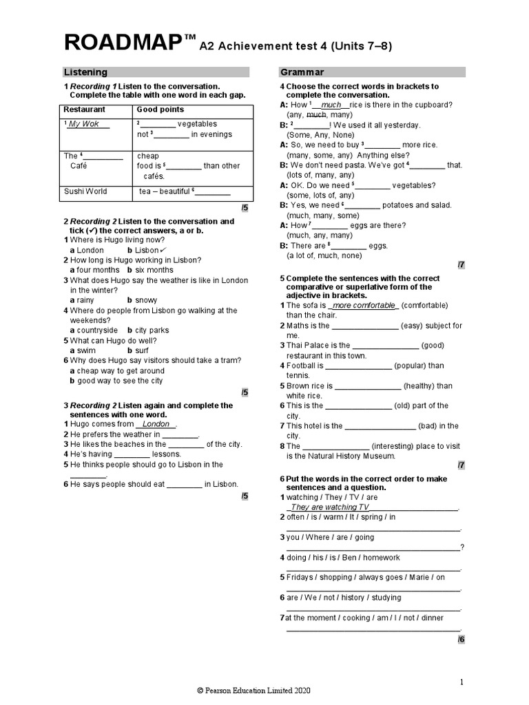 Roadmap: A2 Achievement Test 4 (Units 7-8) | PDF | Foods | Cuisine Roadmap: A2 Achievement Test 4 (Units 7-8) | PDF | Foods | Cuisine