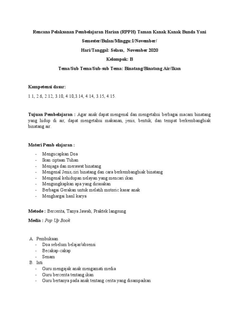 RPPH Tema Binatang Air untuk TK | PDF | Seni & Disiplin Bahasa ...
