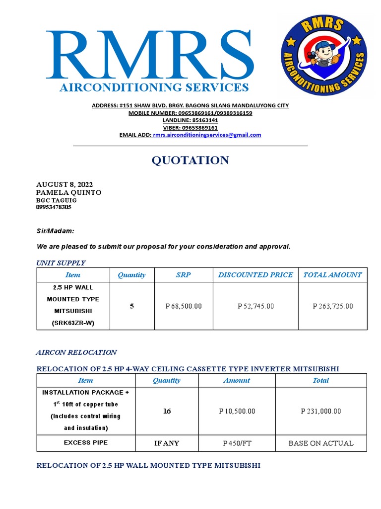 Airconditioning Services: Quotation | PDF | Electrical Wiring | Pipe ...
