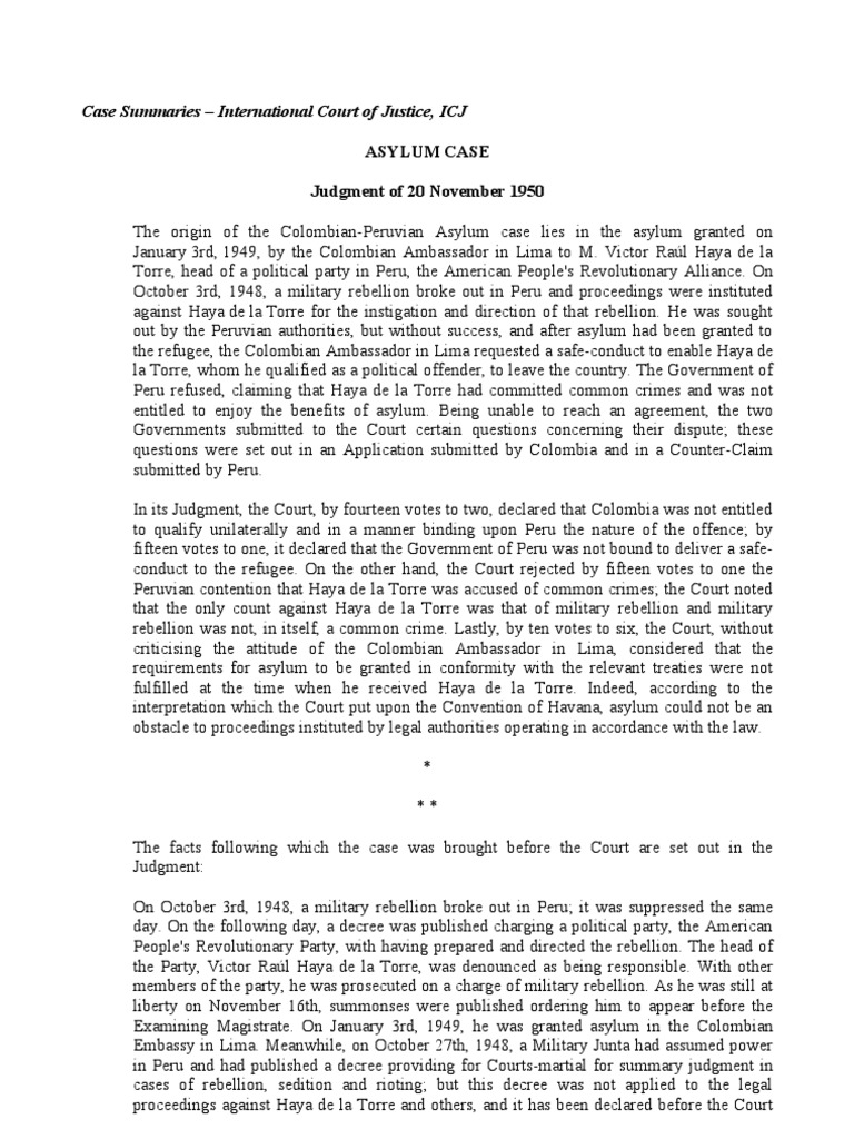 Asylum Case Summary | PDF | Treaty | Refugee