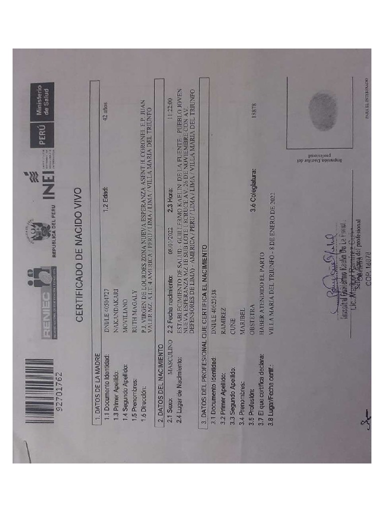 Certificado Nacido Vivo Oficial | PDF