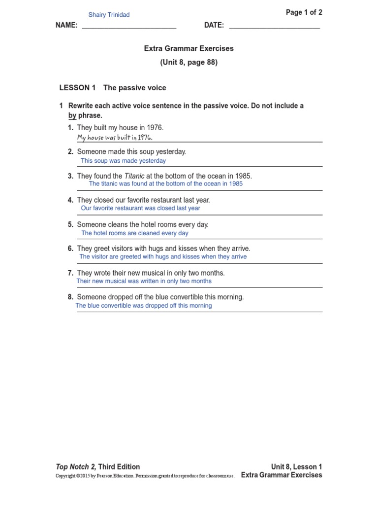 Extra Grammar Exercises (Unit 8, Page 88) : Top Notch 2, Third Edition | PDF