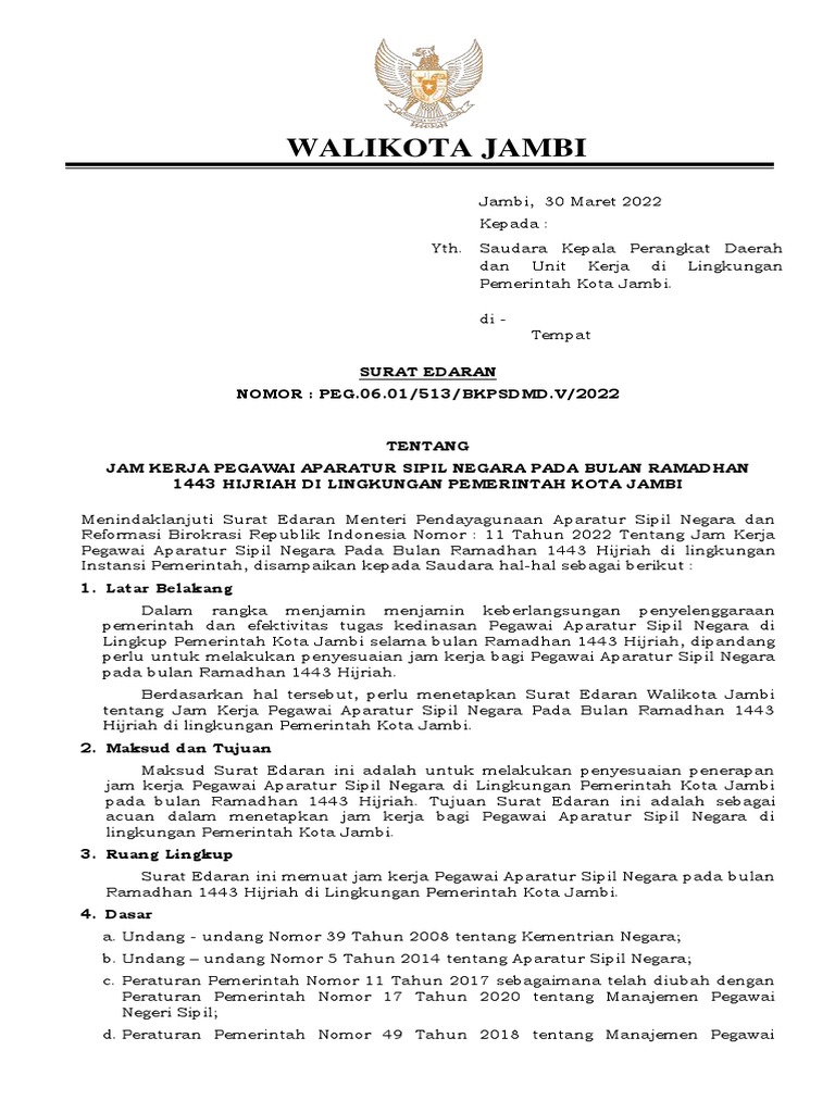 Edaran Jam Kerja Selama Bulan Ramadhan 2022 | PDF