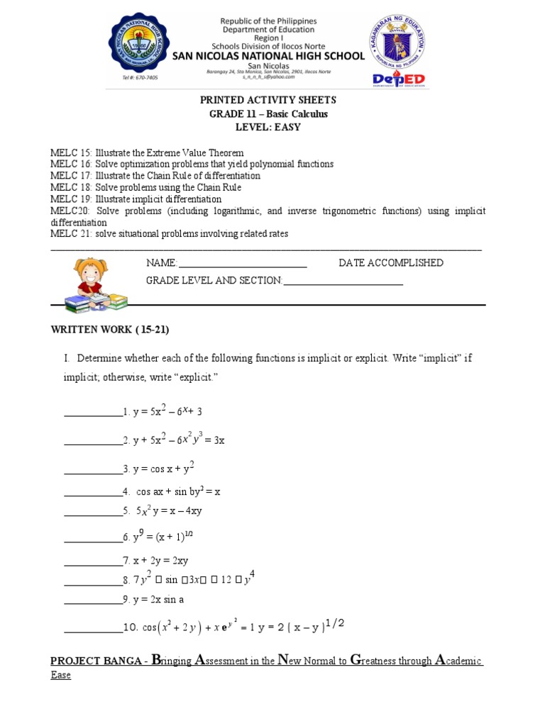 B A N G A: Printed Activity Sheets GRADE 11 - Basic Calculus Level ...