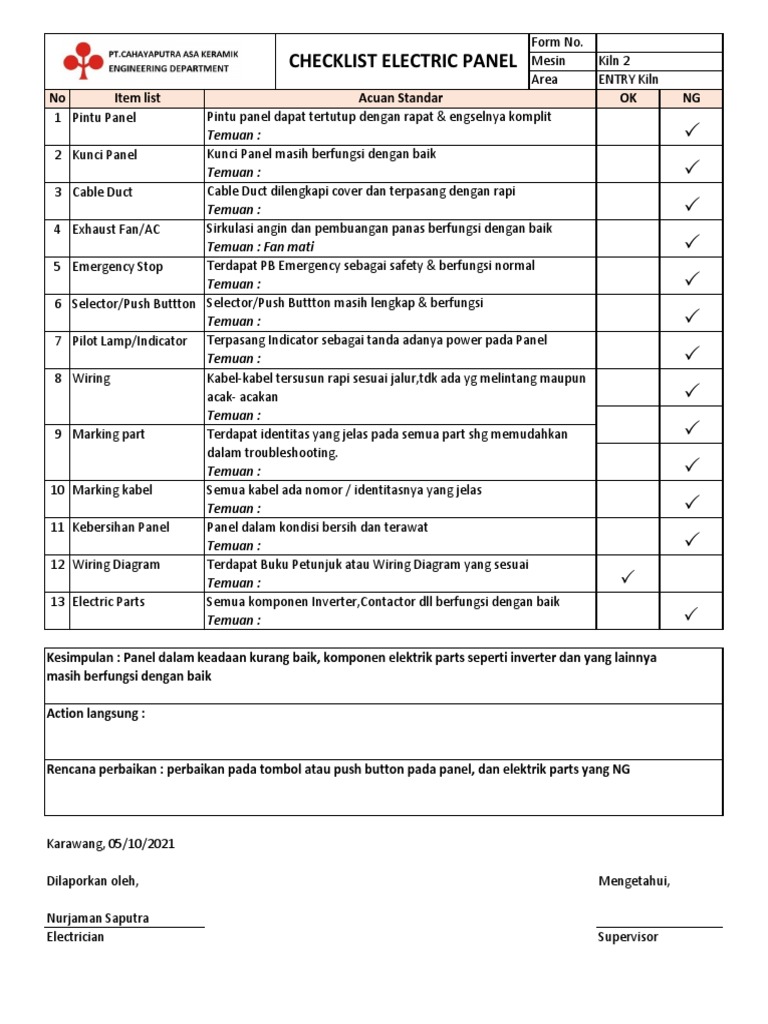 Form Checklist Panel 05 Oktober 2021 (Entry Kiln 2) | PDF