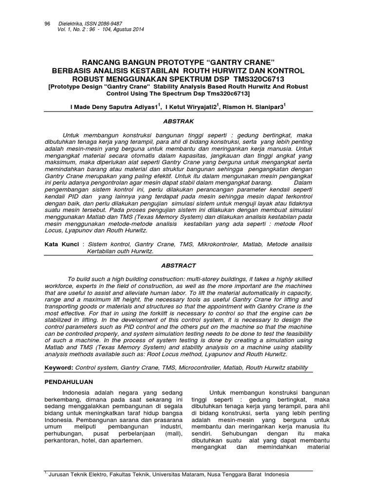 Rancang Bangun Prototype "Gantry Crane" Berbasis Analisis Kestabilan Routh Hurwitzh Dan Kontrol ...