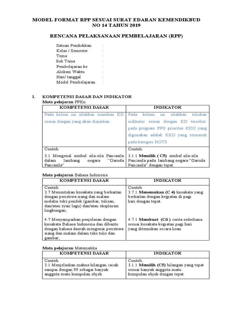 RPP Kemendikbud 2019: Format dan Penilaian | PDF
