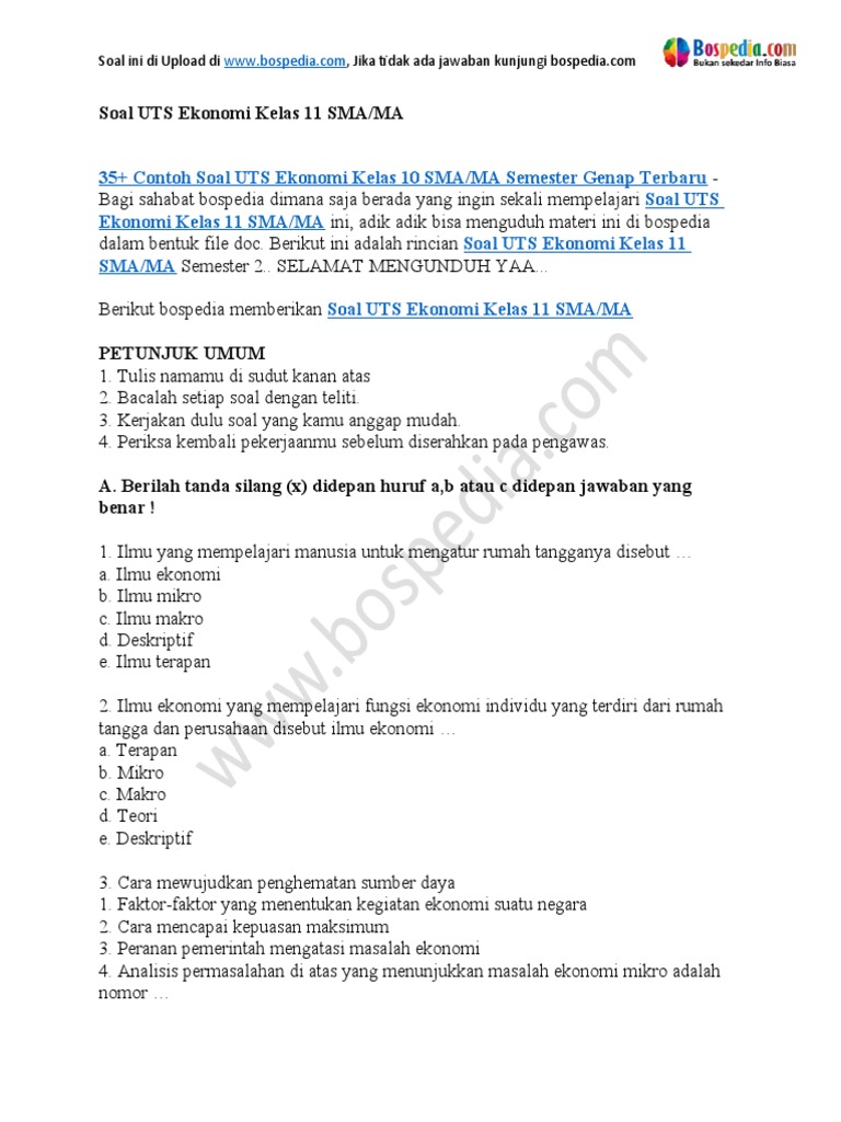 Soal UTS Ekonomi Kelas 10 SMA MA Semester Genap | PDF | Bisnis | Ilmu Sosial