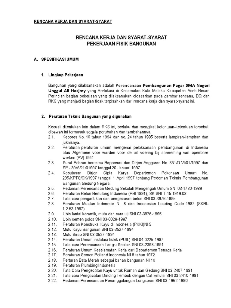 RKS Perencanaan Pembangunan Pagar SMA Negeri Unggul Ali Hasjmy | PDF | Teknologi & Rekayasa