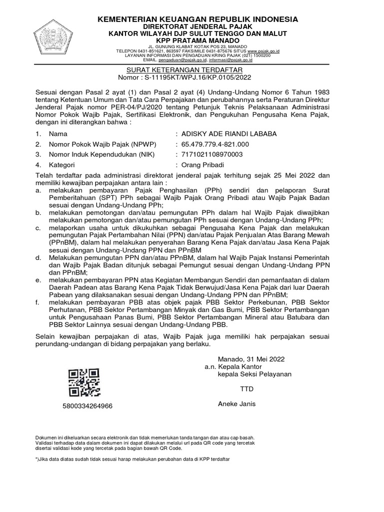 Surat Keterangan Terdaftar NPWP 2022 | PDF