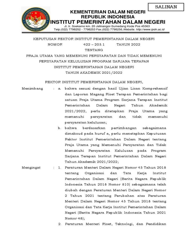 Keputusan Rektor Tentang Praja Utama Yang Memenuhi Persyaratan Dan ...