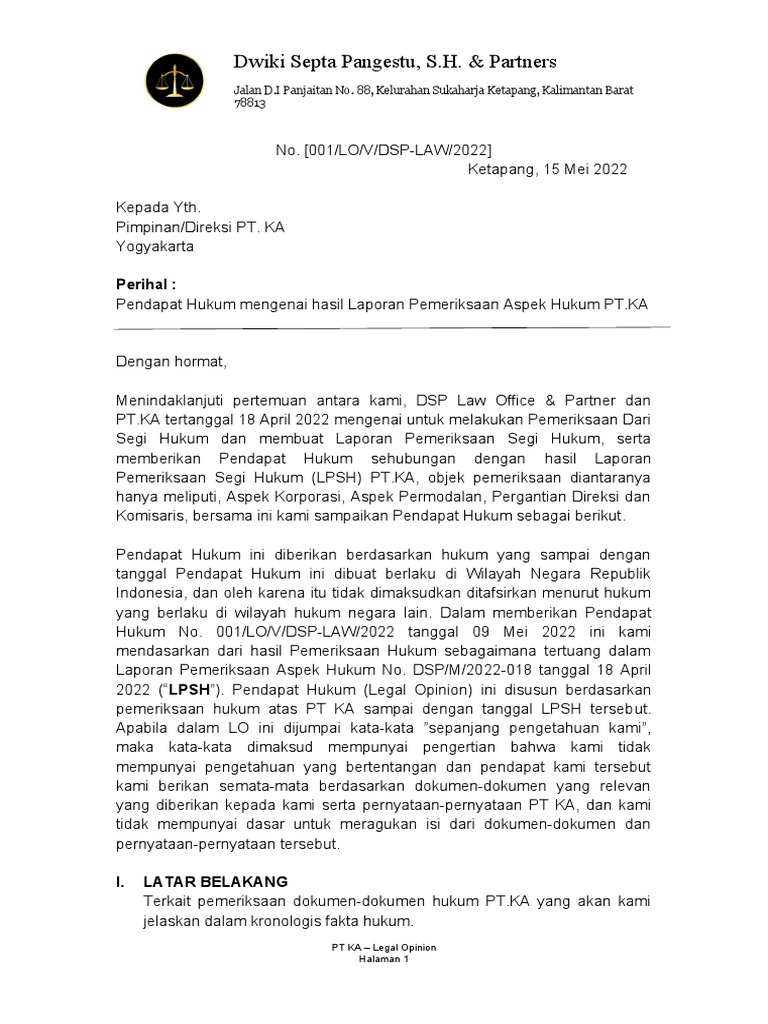 Legal Opinion PT Ka - 484807 - Dwiki Septa Pangestu | PDF
