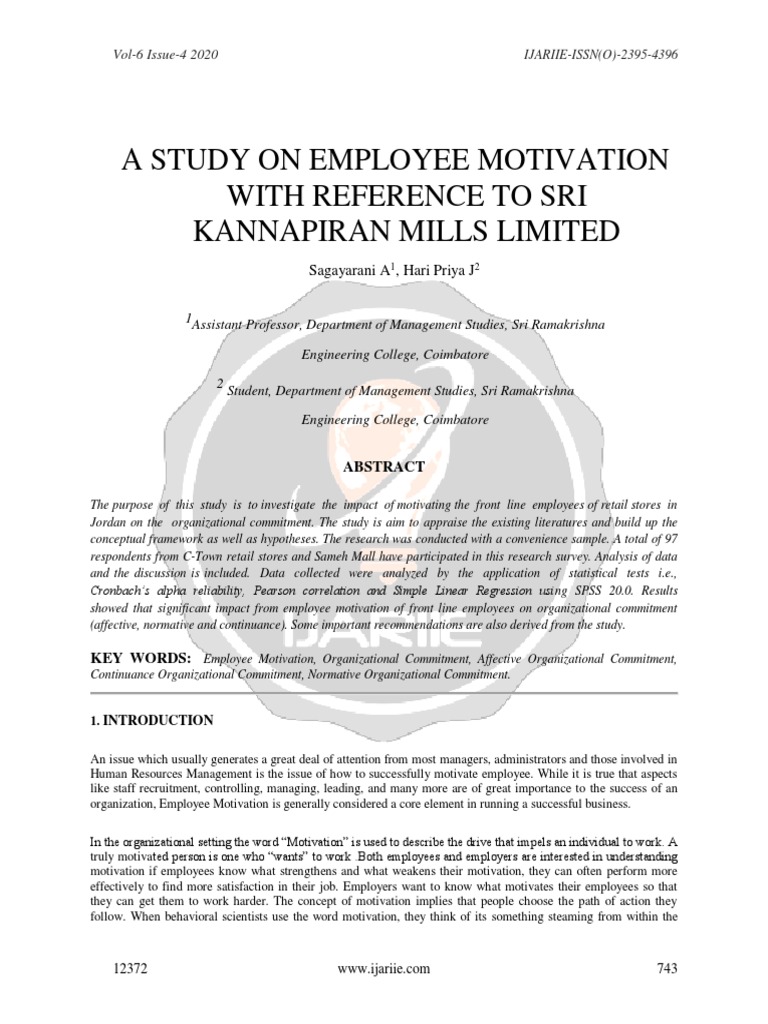 A STUDY ON EMPLOYEE MOTIVATION WITH REFERENCE TO SRI KANNAPIRAN MILLS ...